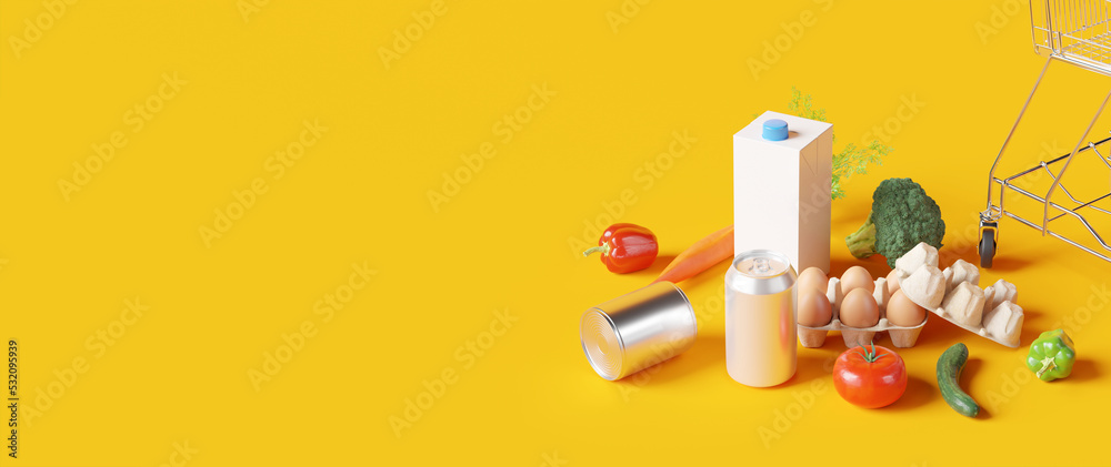 Foods on yellow background. Supermarket shopping concept. 3d rendering ...
