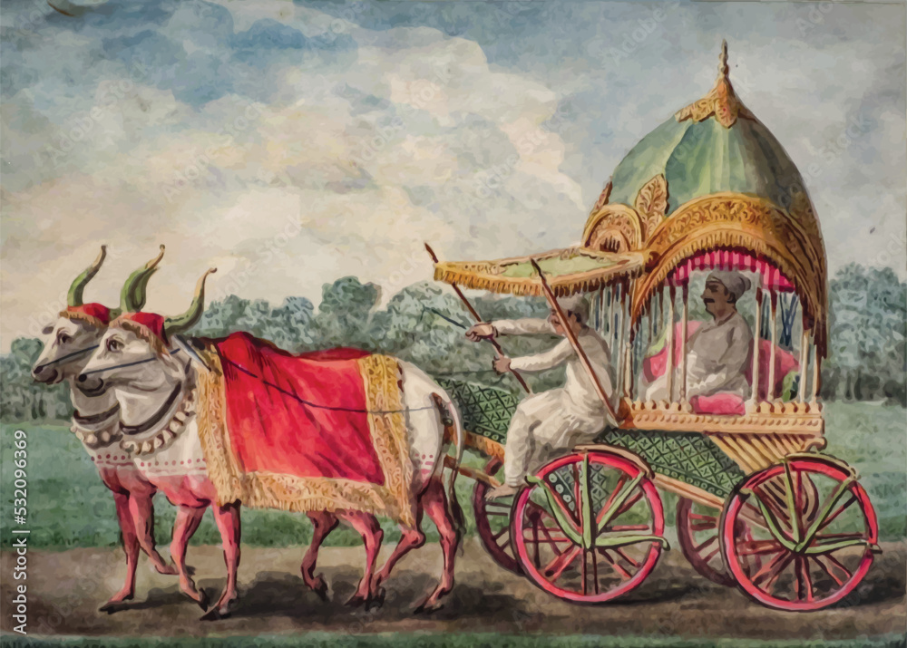 British Raj East India period Bull Cart in vector illustration Stock ...