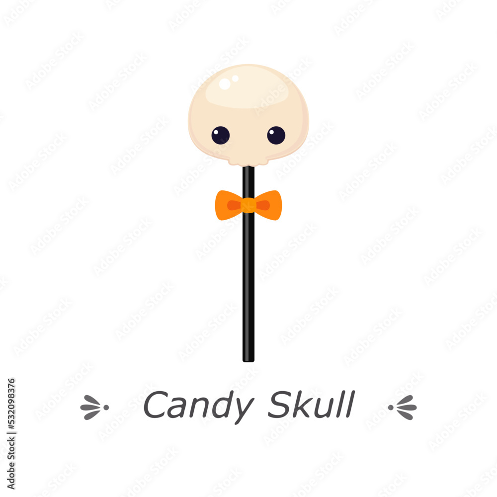 Cute skull-shaped candy on stick with bow. Vector illustration isolated ...