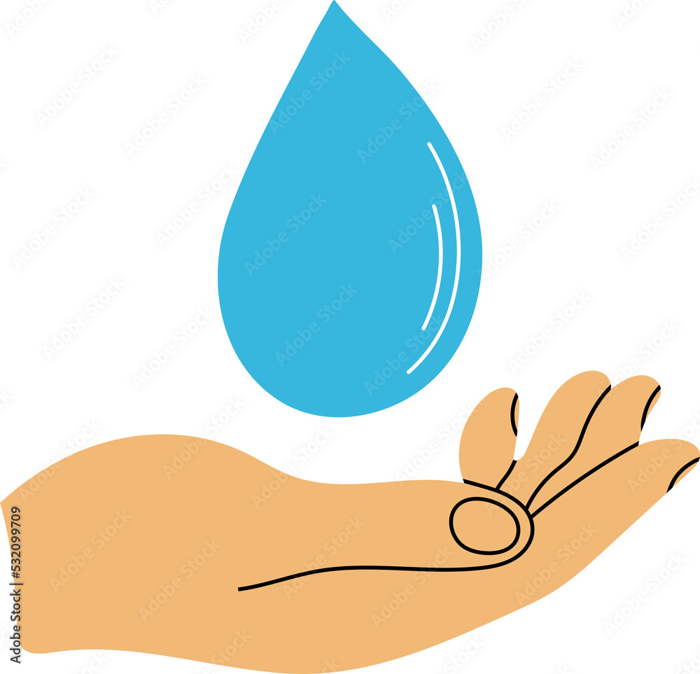 Human hand holding water drop clipart in flat line modern style with ...