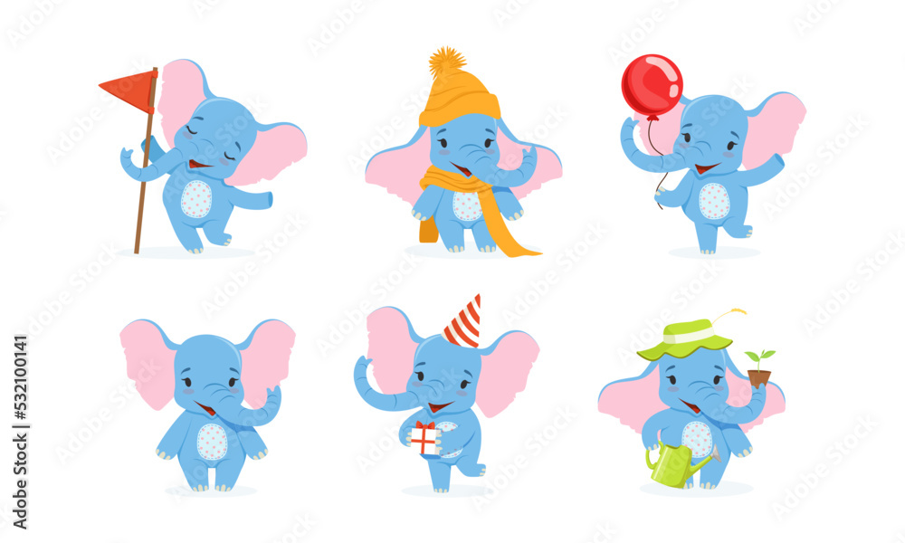 Cute baby elephants in different activities. Funny african safari ...