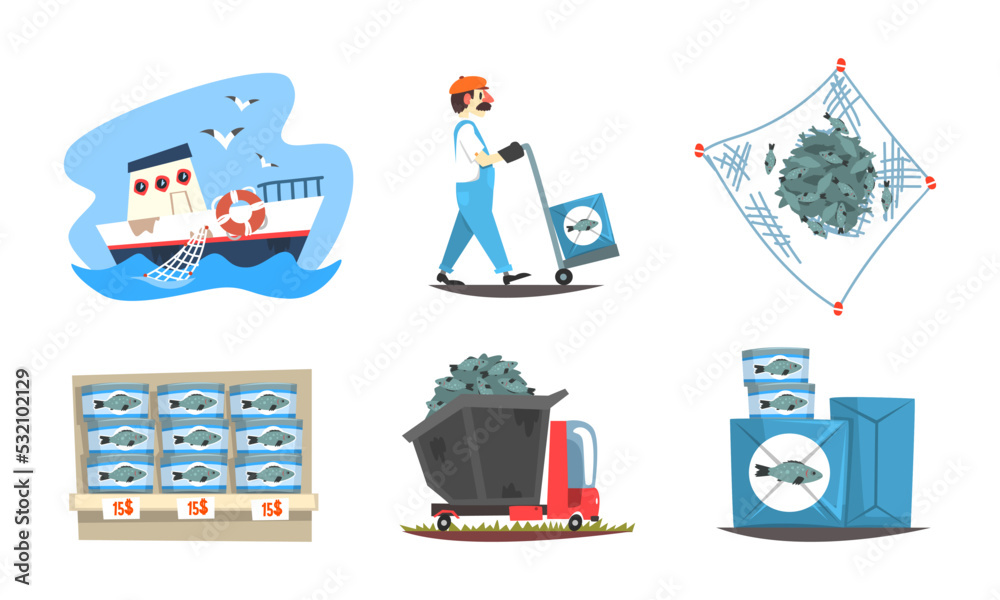 Fish production and commercial fishery a industry set cartoon vector ...