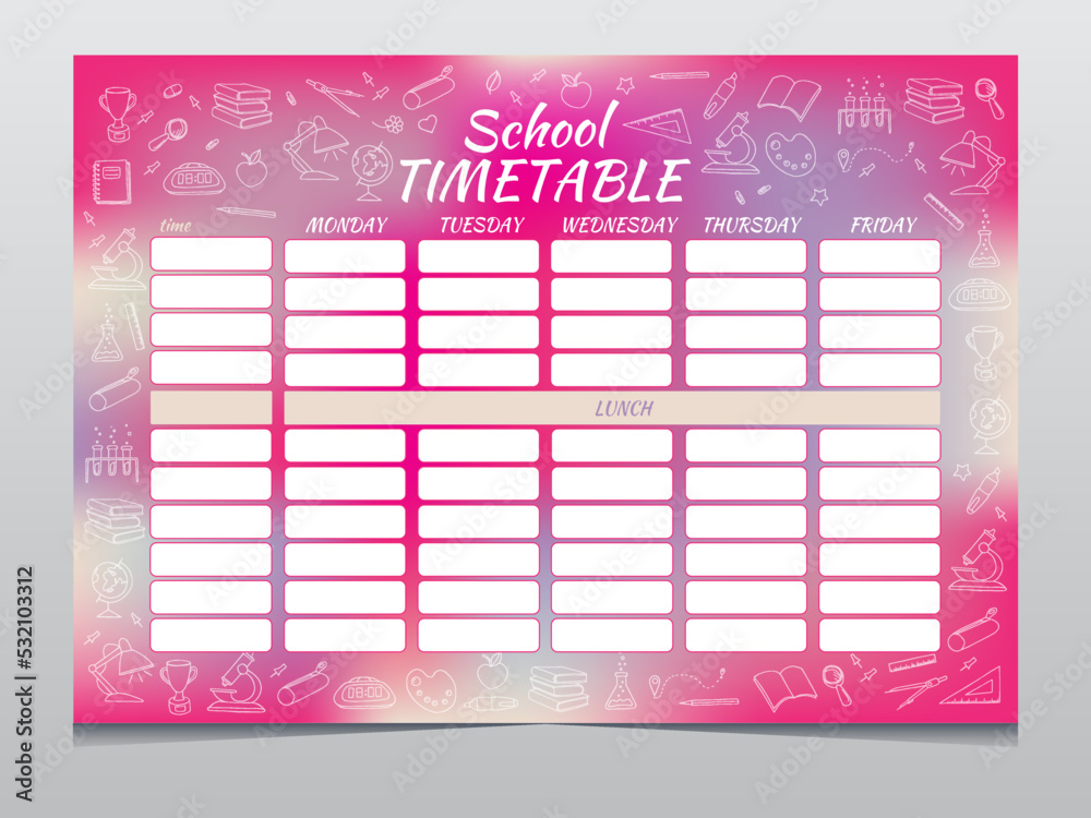 School timetable or lesson schedule template, vector education. Week ...