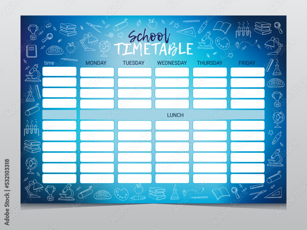 School timetable or lesson schedule template, vector education. Week ...