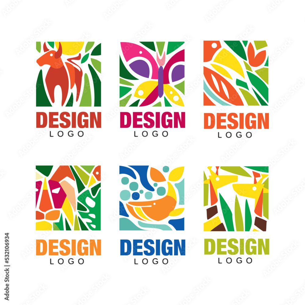 Abstract vibrant animals logo design set. Colorful labels with tropical ...