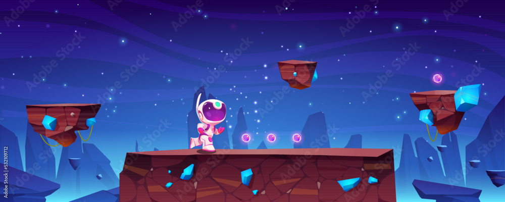 Space game with astronaut on alien planet landscape. Mobile arcade with ...