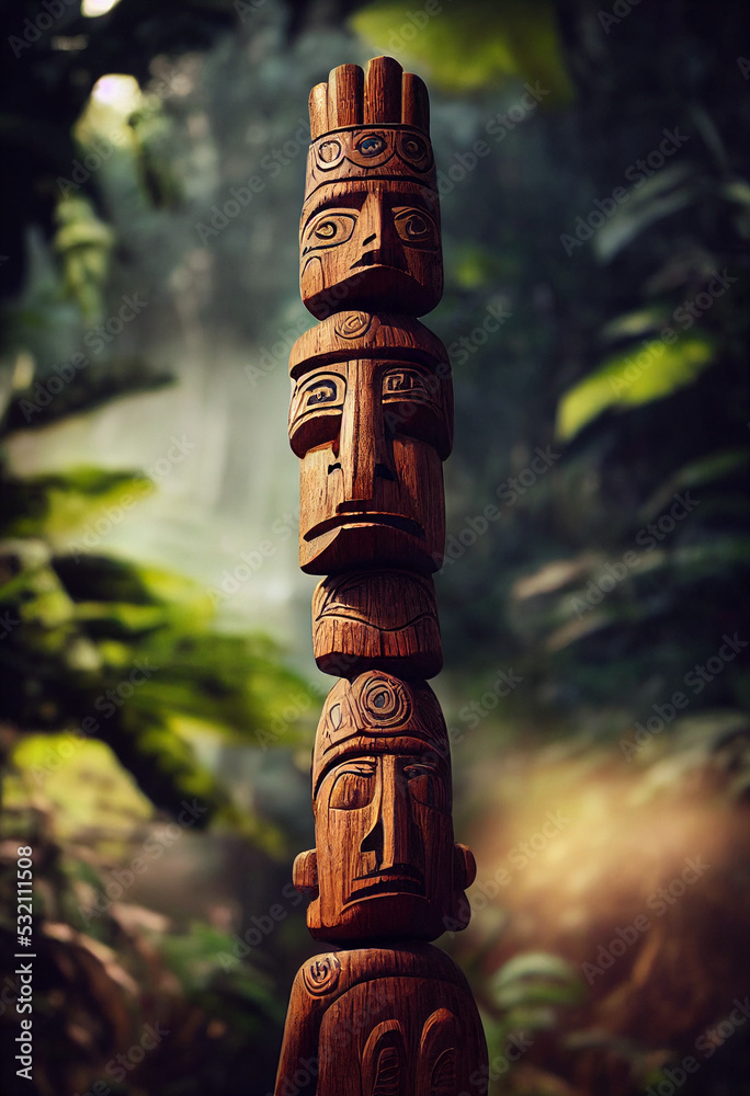 Schöner bemalter Totem aus Holz geschnitzt steht im Regenwald Stock ...
