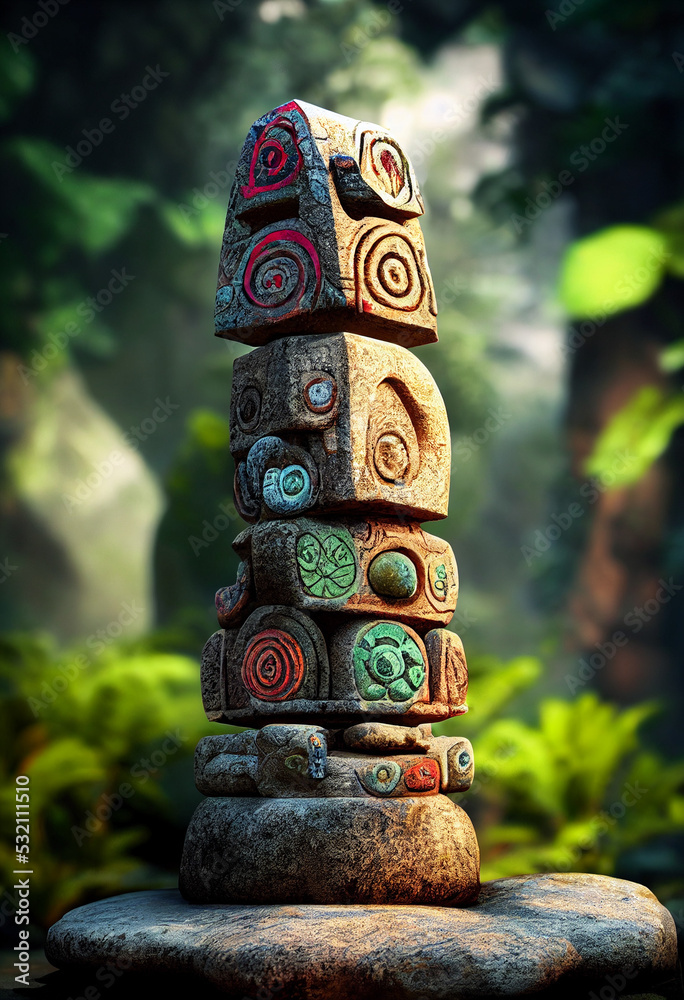 Schöner bemalter Totem aus Holz geschnitzt steht im Regenwald Stock ...