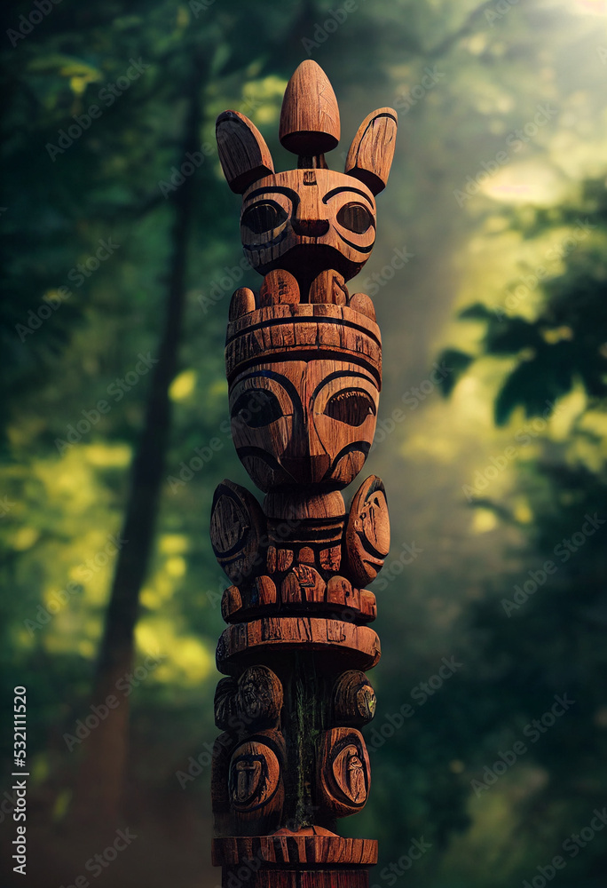 Schöner bemalter Totem aus Holz geschnitzt steht im Regenwald Stock ...