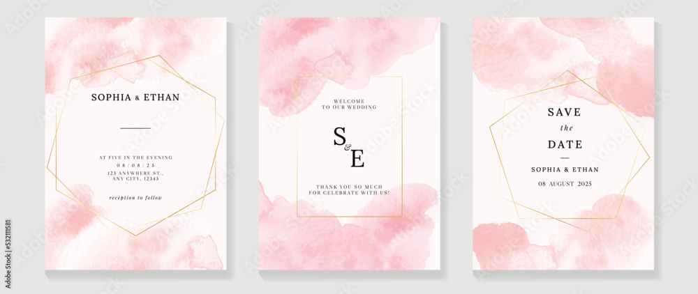 Luxury wedding invitation card template. Watercolor card with pink ...