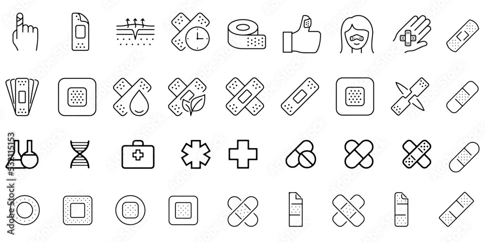 Vetor de Patch icons set. Medical plaster for skin injuries and wounds ...