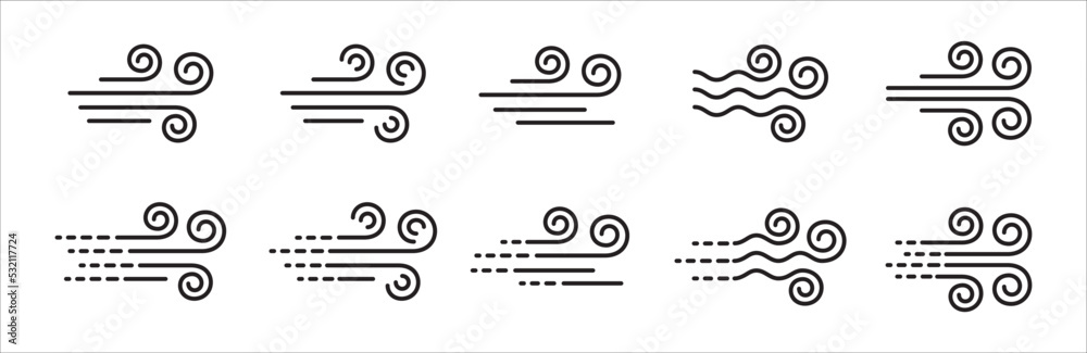 Wind icon set. Winds vector icons set. Wind air movement for weather ...