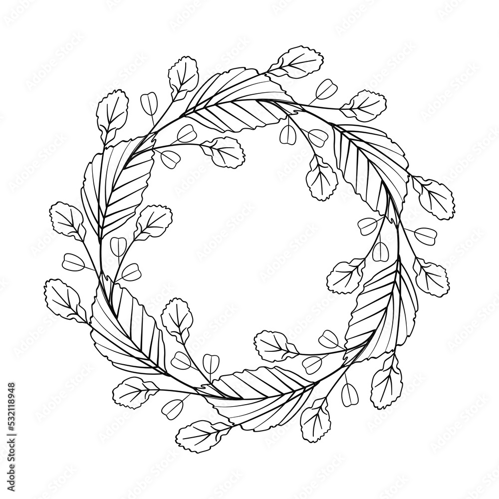 Leafy wreath of various leaves. Round frame on an autumn theme. Outline ...