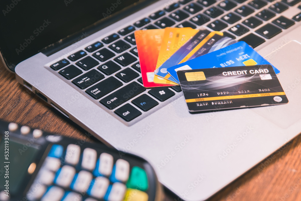 close-up Hands of business women are using credit cards for digital ...