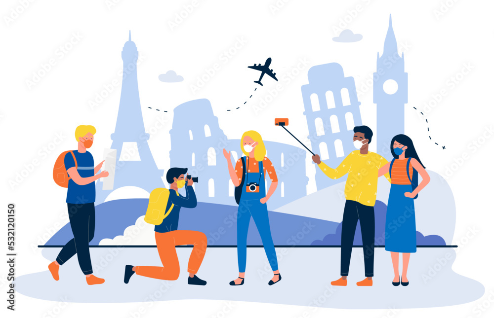 Tourists travel during coronavirus pandemic. Cartoon people protect ...