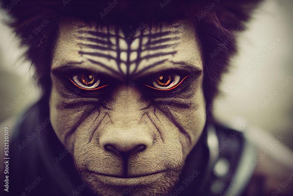 Human monkey face portrait. A man with apes traits, large jaw, hairy ...