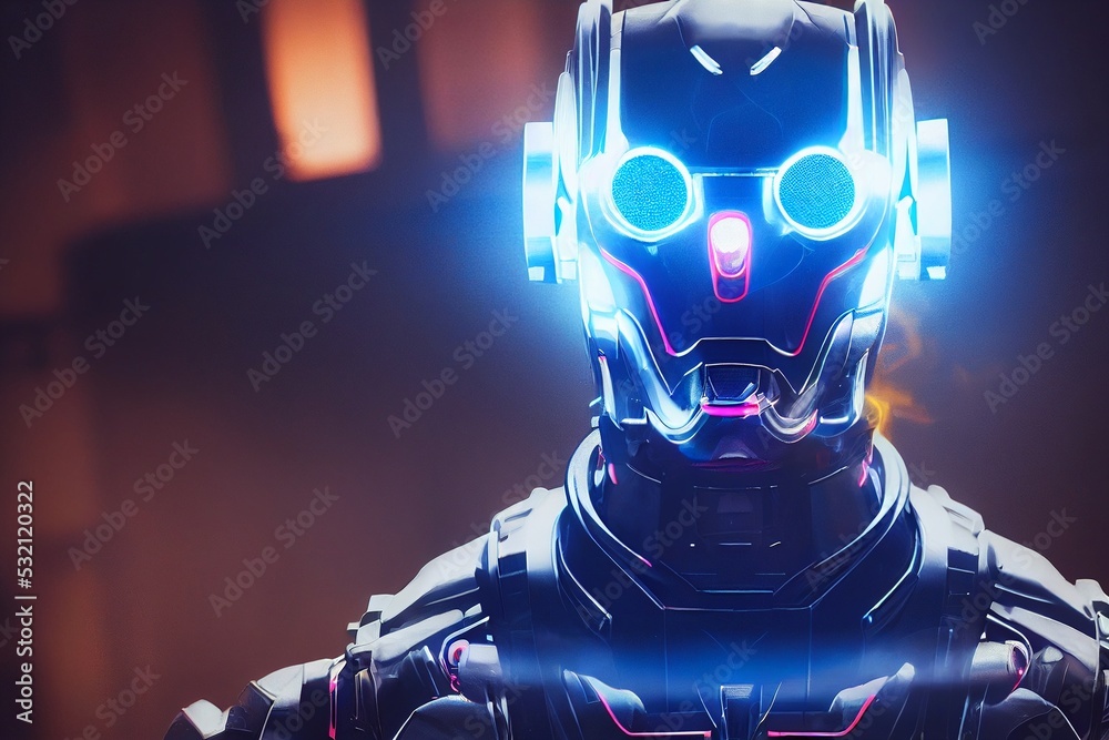 Cyperpunk cyborg portrait 3D design. Glowing neon light, bionic cyborg ...