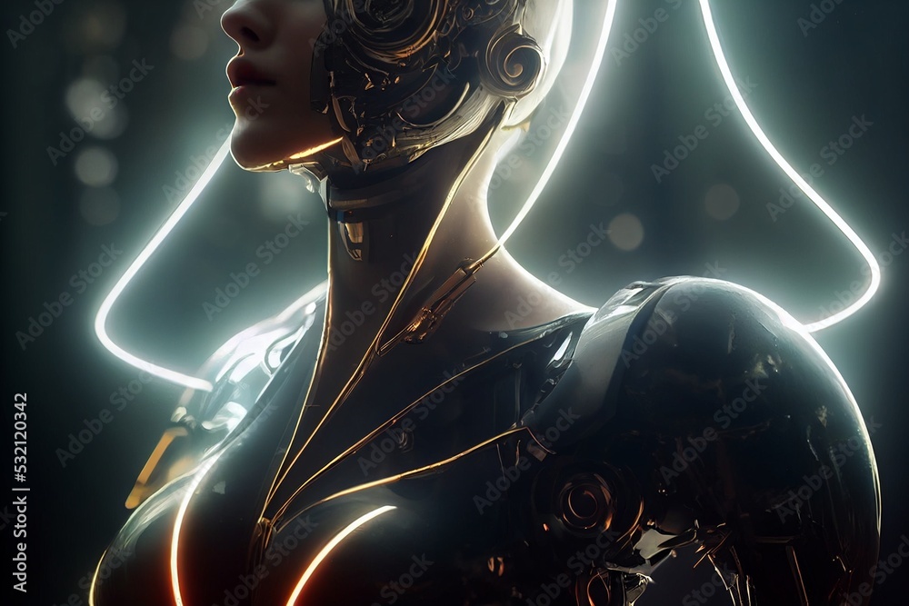 Cyperpunk cyborg portrait 3D design. Glowing neon light, bionic cyborg ...