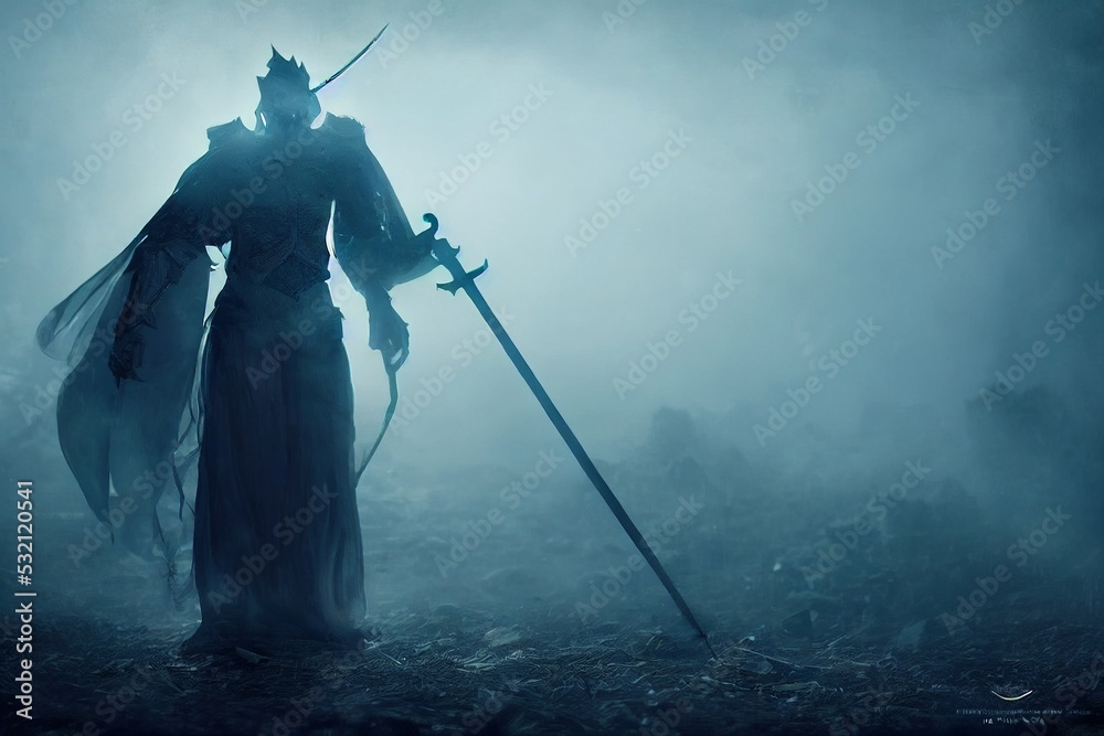 Angel of death wearing a medieval armour. Dark scary background with ...