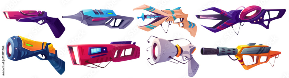 Space blasters, laser guns, futuristic alien weapons. Vector cartoon ...