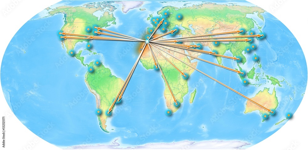 Illustrazione Stock Morocco concept map centered on Europe and Africa ...