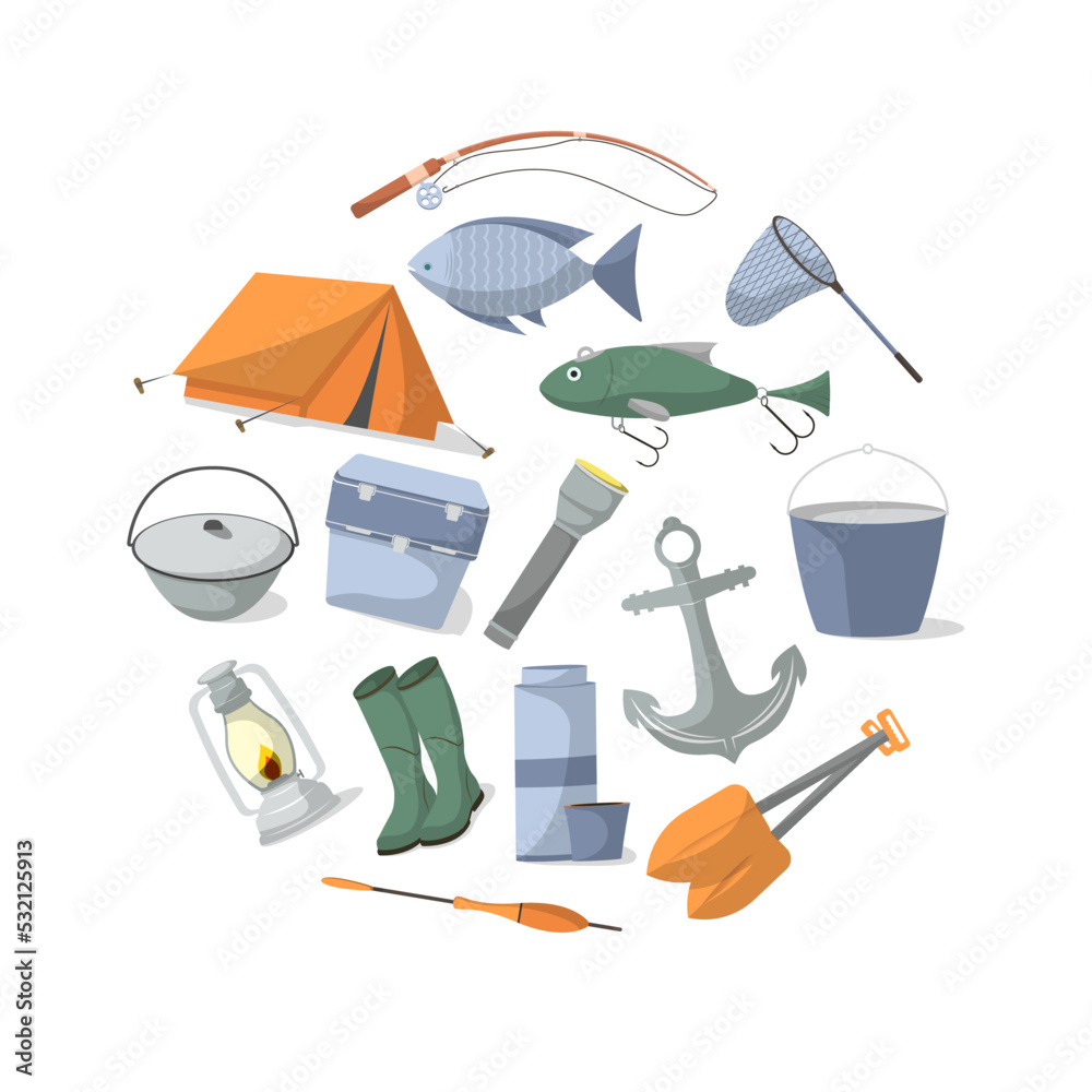 Fishing banner with fisher equipment icons. Tourist tent, anchor ...