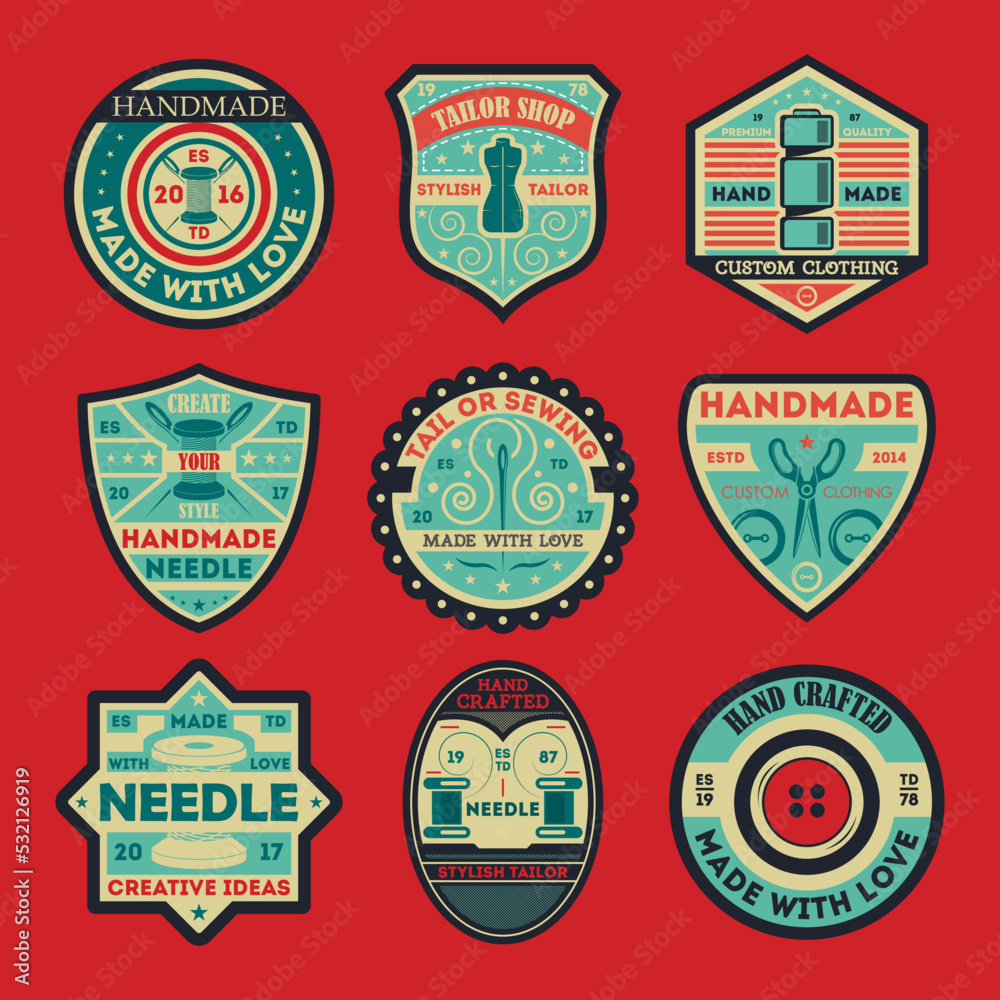 Tailor shop vintage isolated label set. Handmade studio badge ...