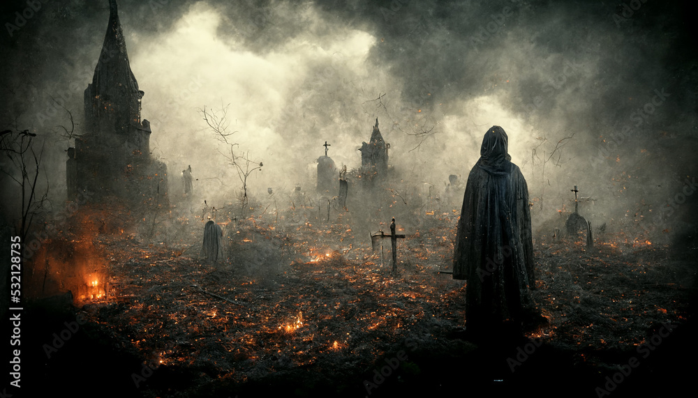 Grim reaper with haunted, creepy graveyard.Digital art Stock ...