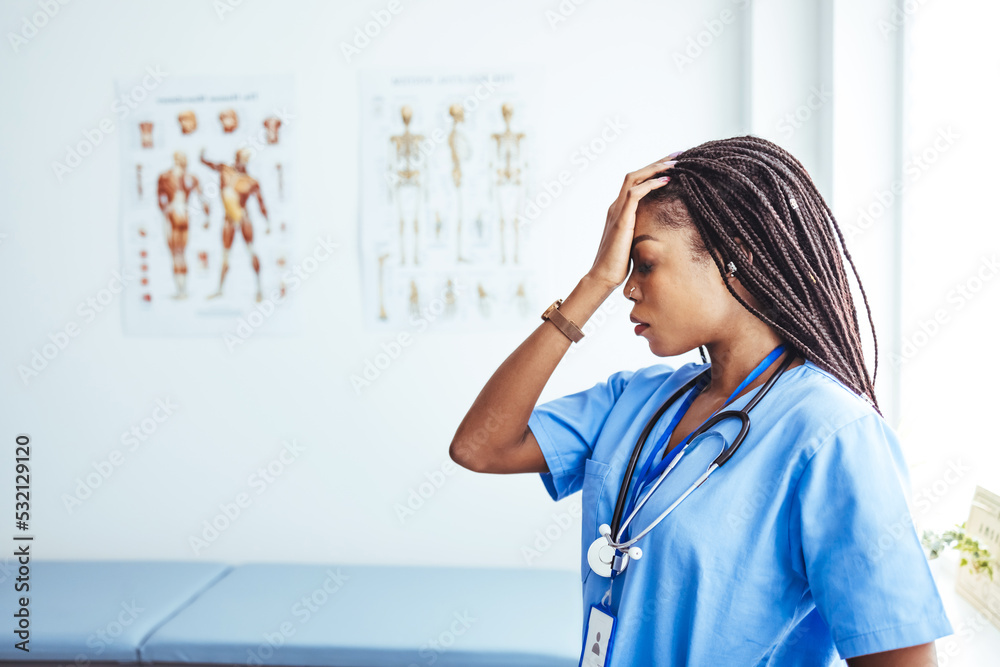 Exhausted depressed young female doctor feels mental burnout at work ...