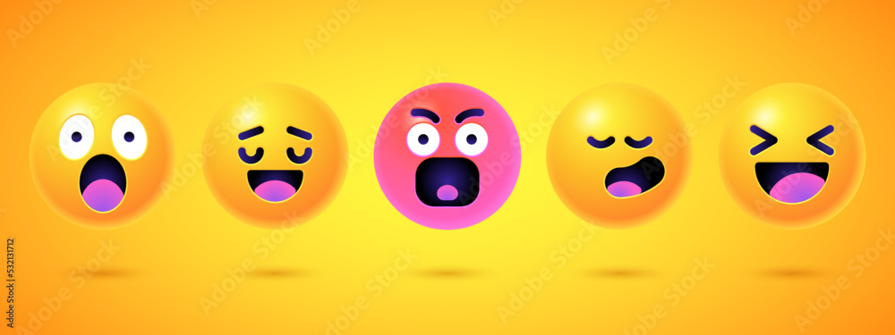 Round 3d emoticons set. Yellow Emoji faces emoticon smile, digital ...