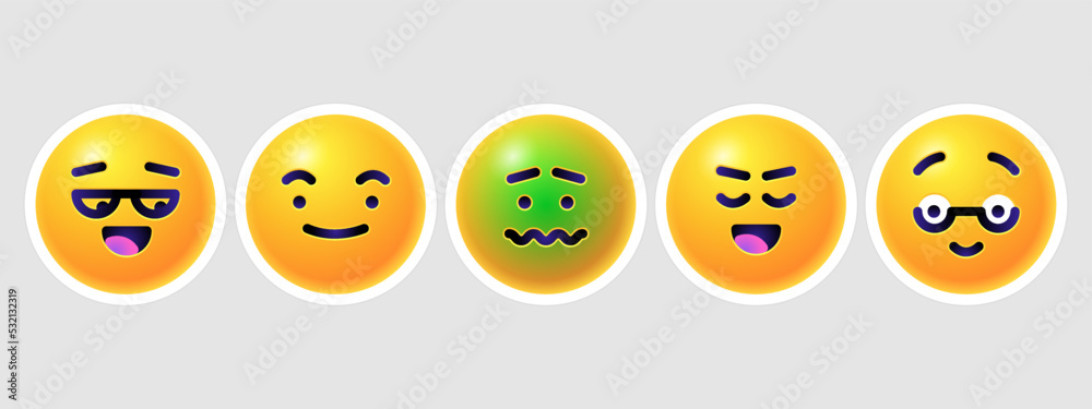 Round 3d emoticons set. Yellow Emoji faces emoticon smile, digital ...