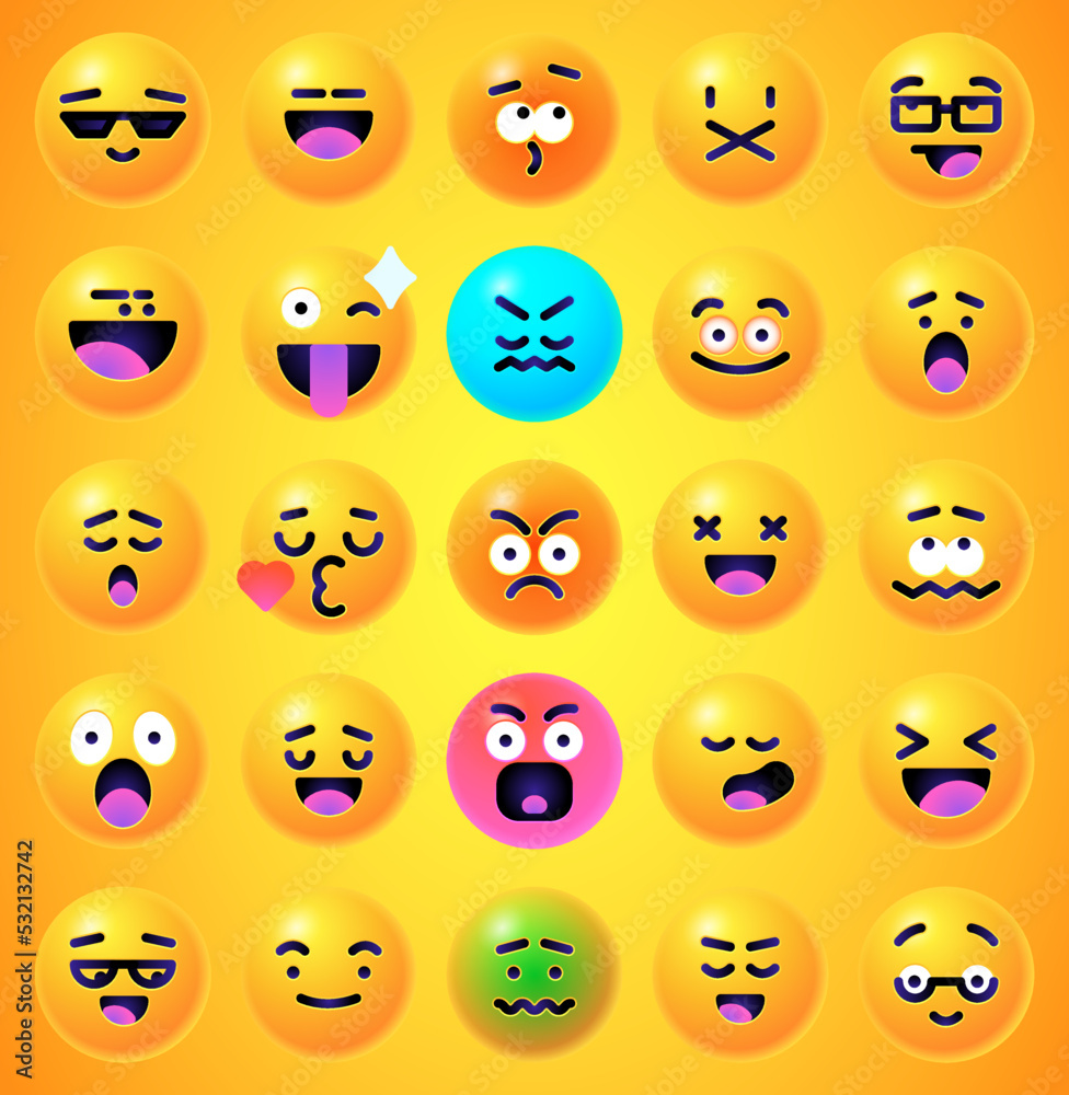 Round 3d emoticons set. Yellow Emoji faces emoticon smile, digital smiley expression emotion ...