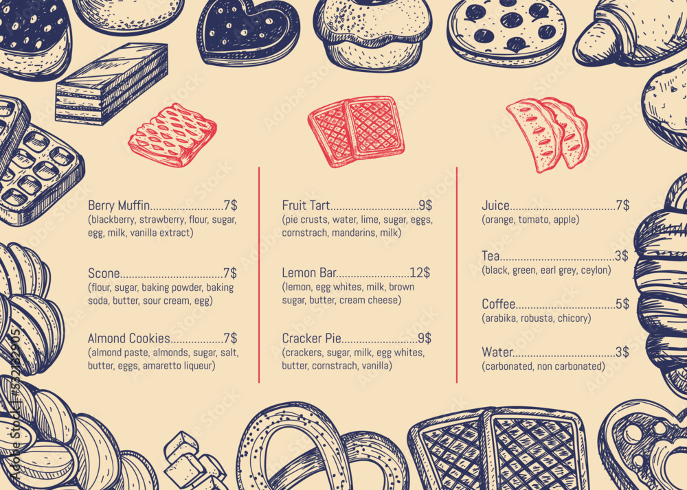 Bakery hand drawn restaurant menu brochure. Sweet pastry price catalog ...