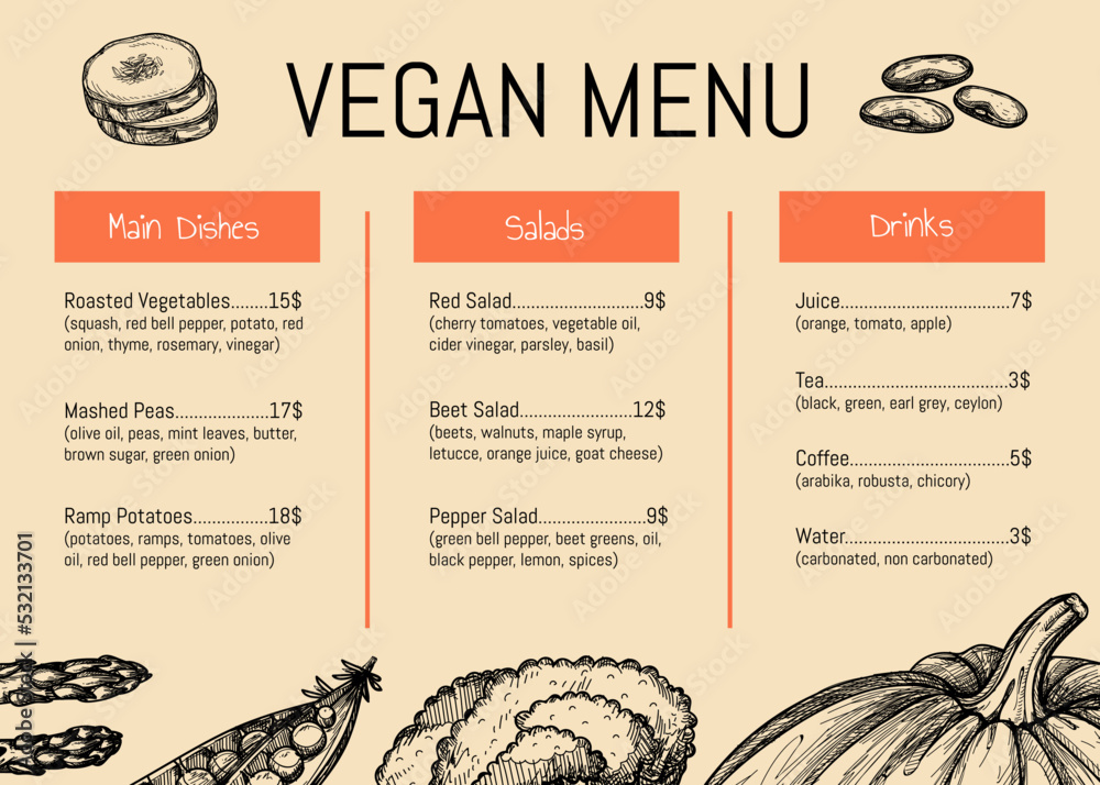 Vegan cafe menu identity typographic design with asparagus, beans ...