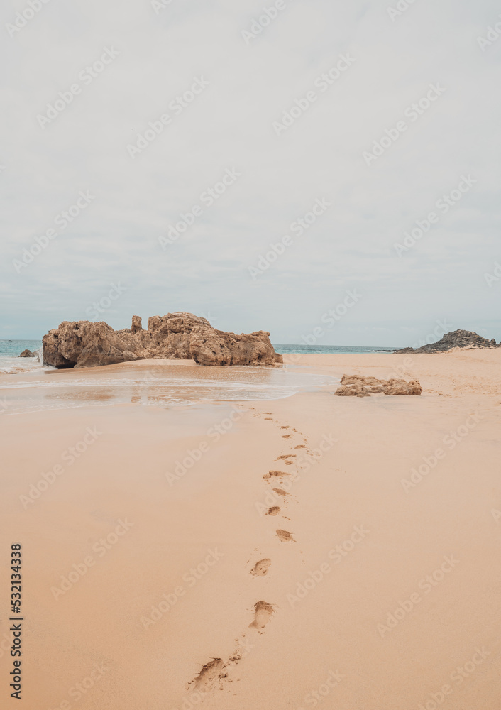 Aesthetic beach background with footprints in sand, copy space, Porto ...