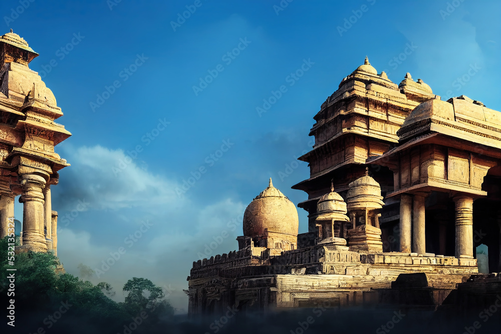 Ancient Hindu temple in the sun. Historic Indian architecture structure ...