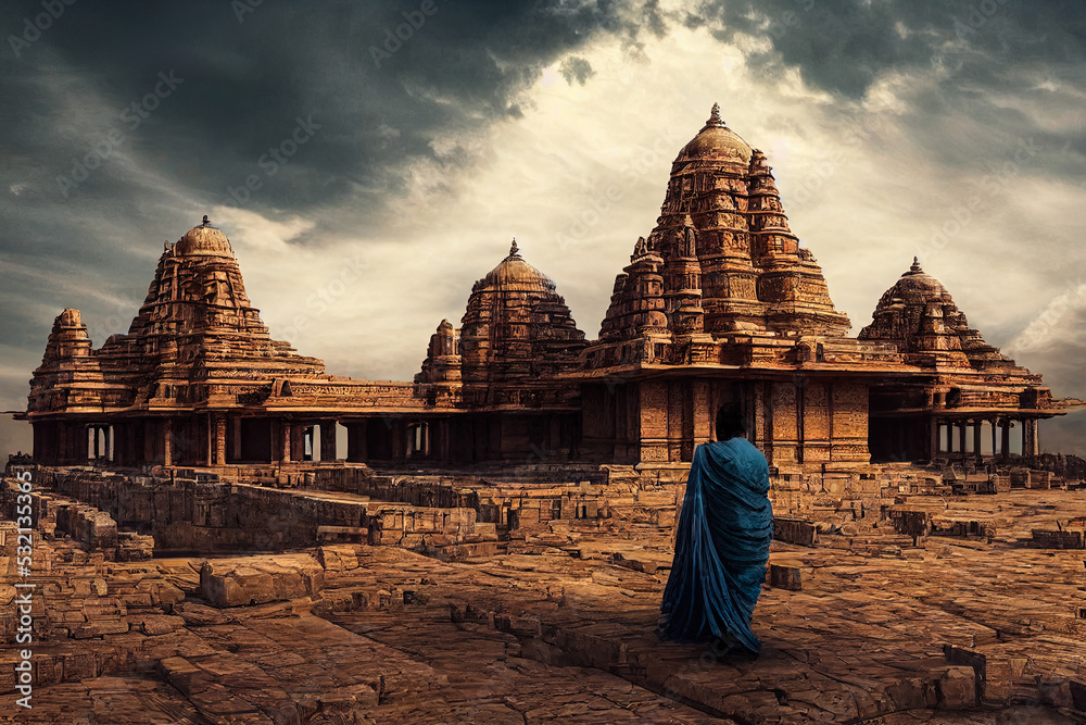 Ancient Hindu temple with a person standing in front. Historic, antique ...