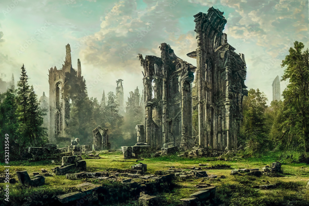 Digital illustration of fantasy gothic ruins. Architectural decay ...