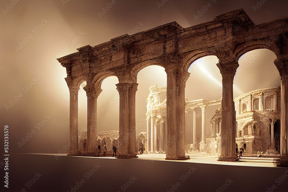 Ancient Roman arches isolated on a plane background, with sunshine ...