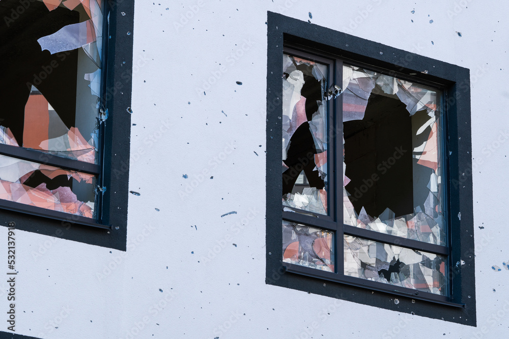 Smashed window broken glass break. Destroyed building broken frame ...