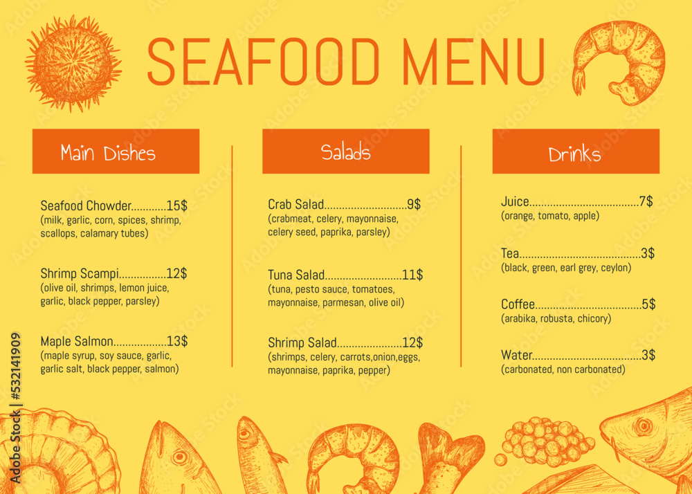 Seafood restaurant menu brochure template. Natural healthy meal price ...