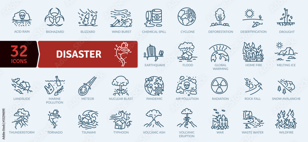 Disaster Icon Pack. Collection of thin line icons related to different ...