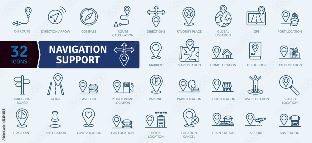 Navigation support icon pack. Collection of thin line icons that ...