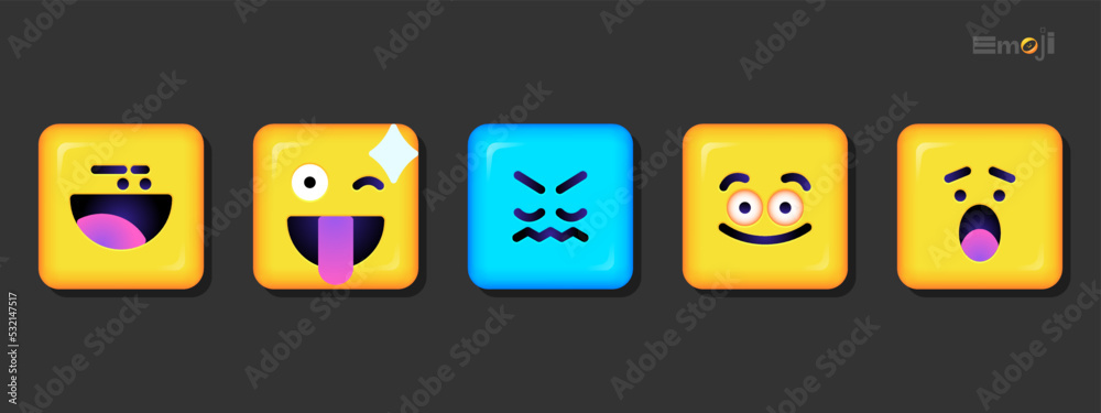 Square Emoticons set. Yellow Emoji faces emoticon smile, digital smiley ...