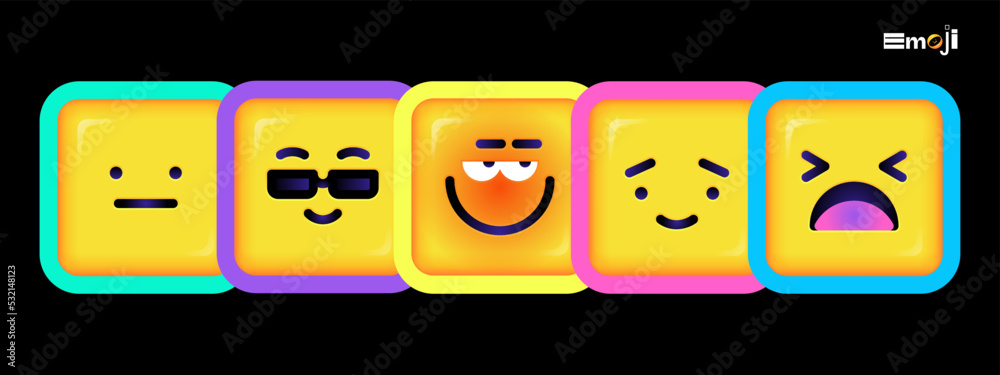 Square Emoticons set. Yellow Emoji faces emoticon smile, digital smiley ...