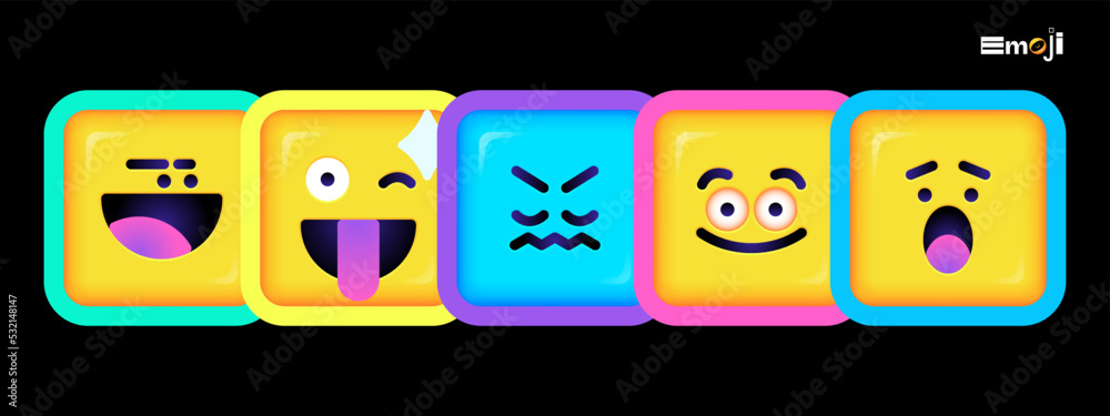 Square Emoticons set. Yellow Emoji faces emoticon smile, digital smiley ...