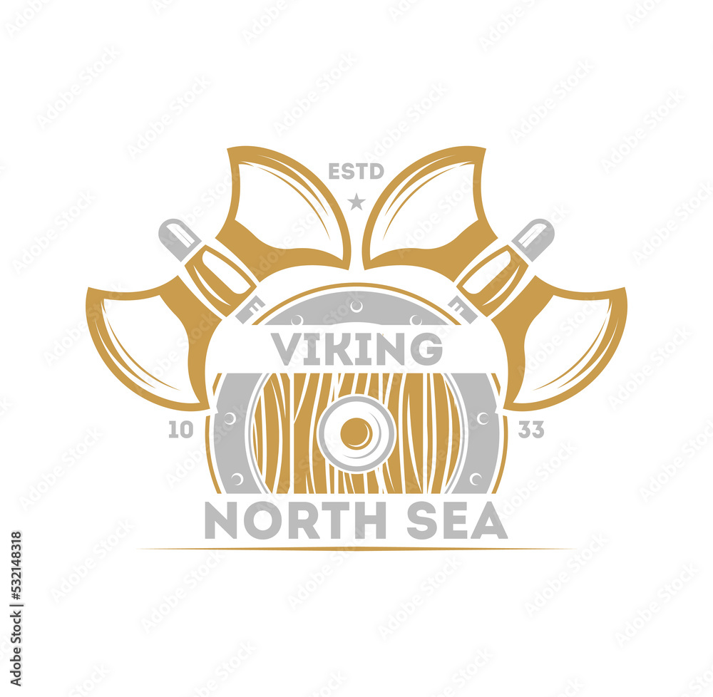 Viking north sea vintage isolated label with warrior ax. Scandinavian ...