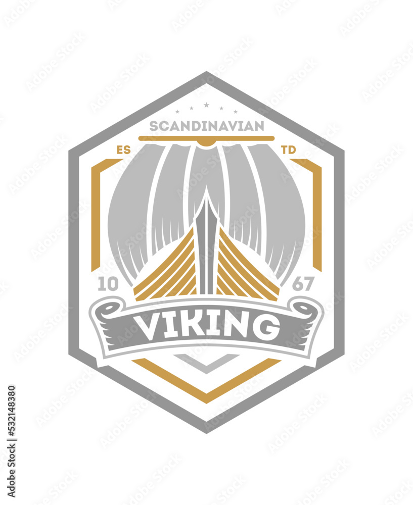 Viking vintage isolated label with sailboat. Scandinavian viking badge ...