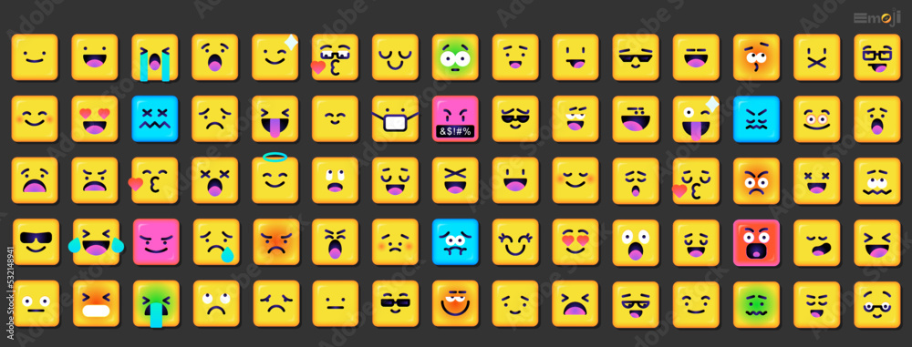 Square Emoticons set. Yellow Emoji faces emoticon smile, digital smiley ...