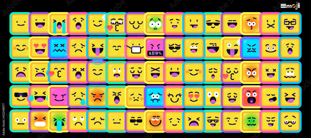 Square Emoticons set. Yellow Emoji faces emoticon smile, digital smiley ...